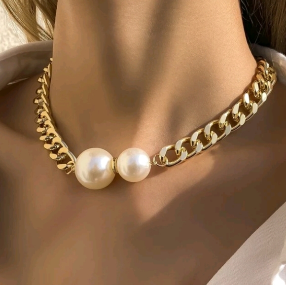 None | Jewelry | Gold Cuban Chunky Big Simulated Pearl Necklace New ...